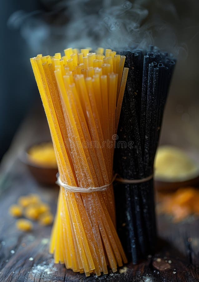 Raw Spaghetti and Dry Pasta on Wooden Table Stock Photo - Image of diet ...