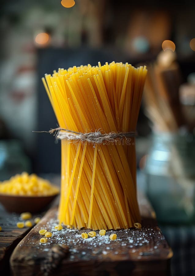 Raw Spaghetti Tied with Rope on Wooden Table Stock Image - Image of ...