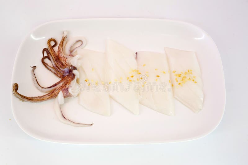 Raw Squid Slice White Dish Isolate White Background Ready Stock Photos ...