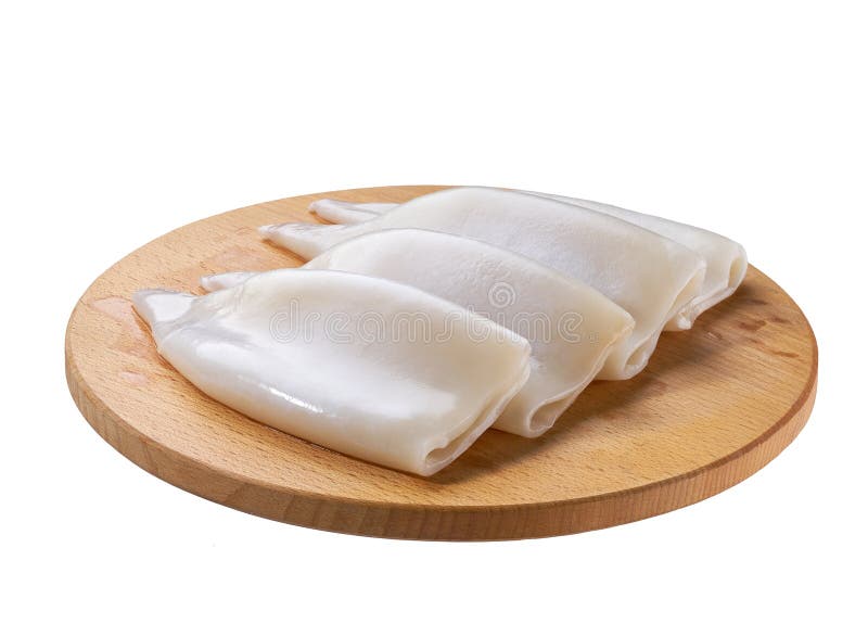 Raw Squid Tubes on Cutting Board Isolated on a White Background Stock ...