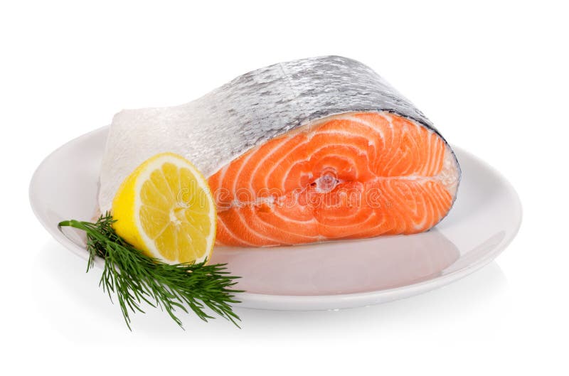 Raw Steak of Salmon on White Plate Isolated Stock Photo - Image of ...