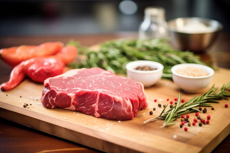 Raw Steak Set on Butcher Block with Rosemary Stock Photo - Image of ...