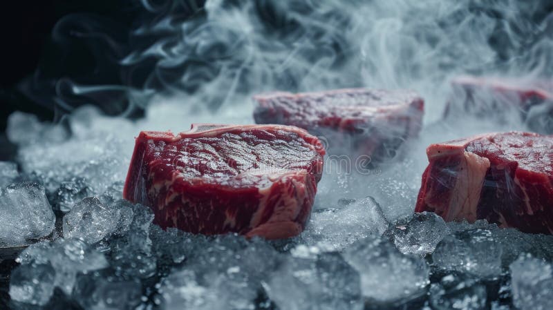 Raw Steaks on Ice with Smoke for Refrigeration Effect, Gourmet Butchery ...