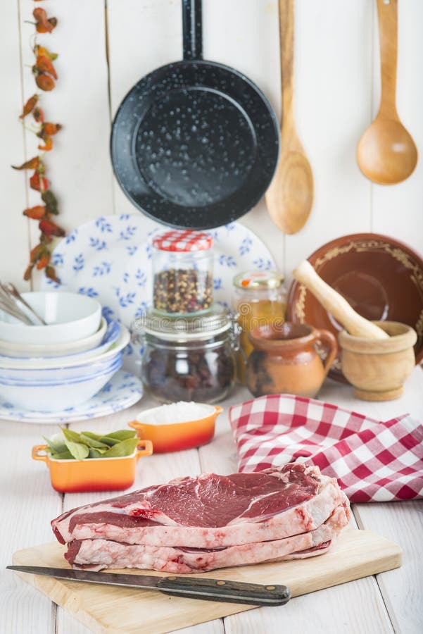 Raw Steaks on the Kitchen Table Stock Image - Image of meat, butcher ...