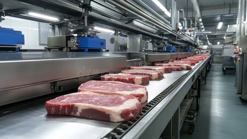 Raw Steaks Moving on a Conveyor Belt in a Factory Stock Illustration ...