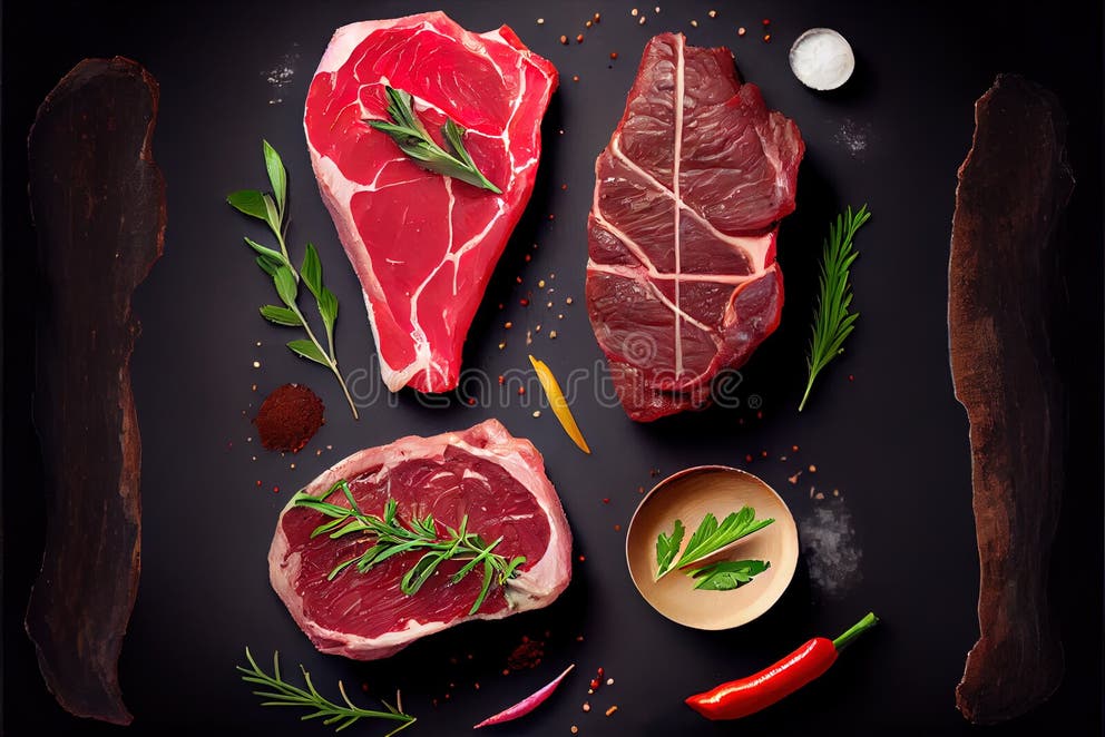 Raw Steaks Top View. Different Types of Steaks Stock Illustration ...