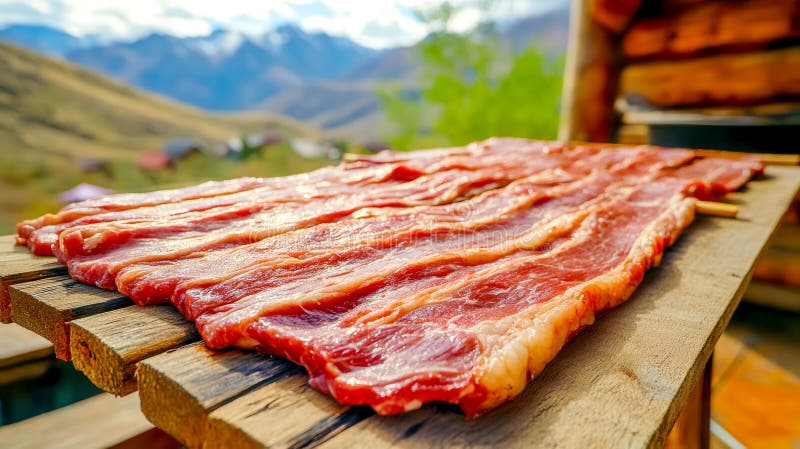 Raw Strips of Meat Drying on Wooden Rack in Open Air Stock Photo ...