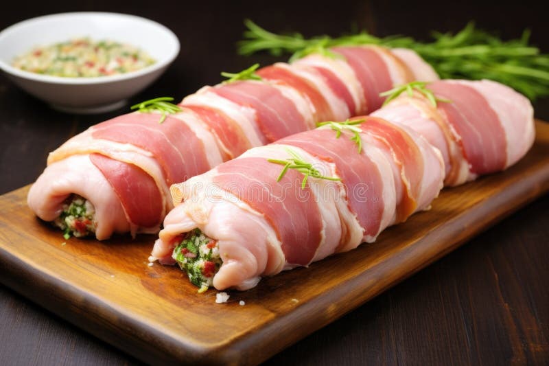 Raw Stuffed Chicken Wrapped in Bacon Ready for Cooking Stock Image ...