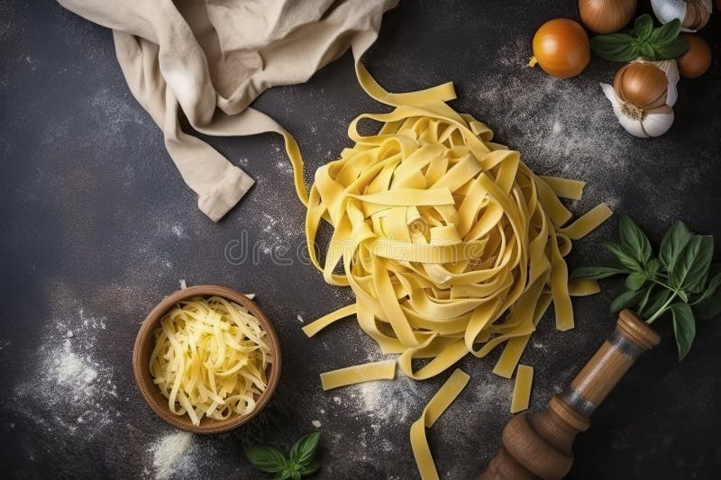Raw Tagliatelle Pasta with Ingredients for Cooking Stock Photo - Image ...