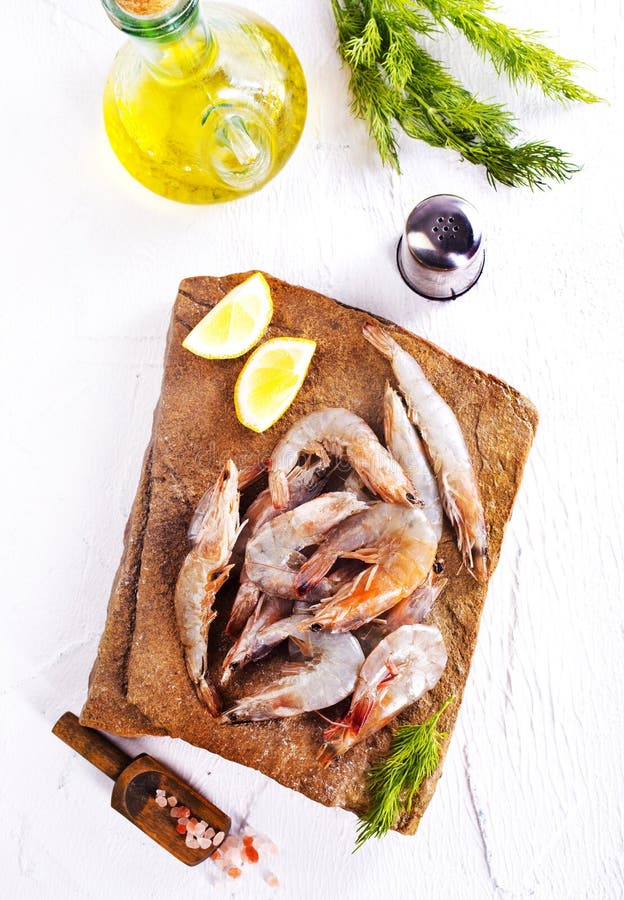 Raw Tiger White Shrimp Prawn on Board with Herbs Stock Photo - Image of ...