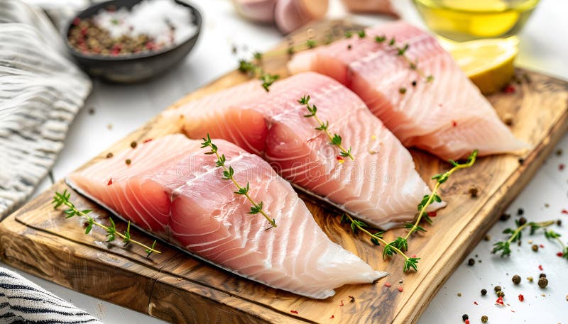 Raw Tilapia Fish Fillet with Thyme Ready for Cooking Stock Photo ...