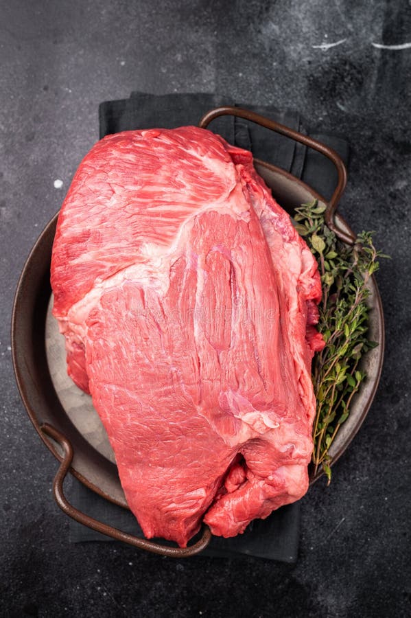Raw Top Round Beef Meat Cut, Topside with Hrebs for Roast. Black ...