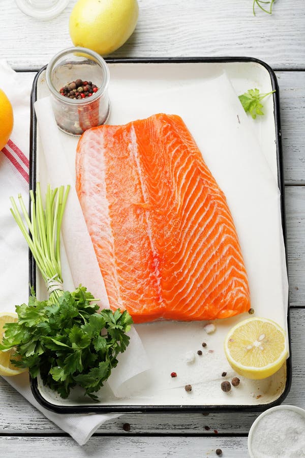 Raw trout fillet and spice stock photo. Image of food - 66568106
