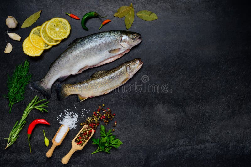 Raw Trout Fish and Cooking Ingredients with Copy Space Area Stock Photo ...