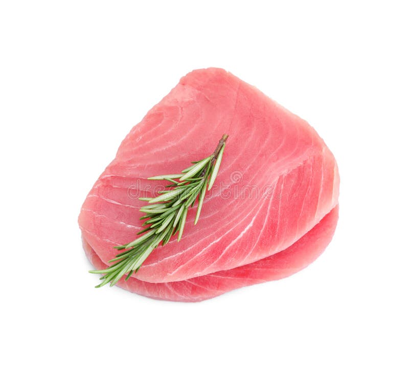 Raw Tuna Fillets with Salt, Rosemary and Lime Wedge on White Background ...