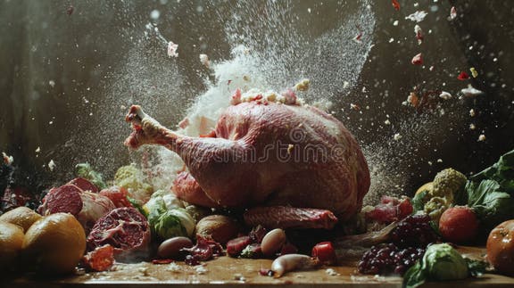 Raw Turkey Exploding with Fruit and Vegetables Stock Illustration ...