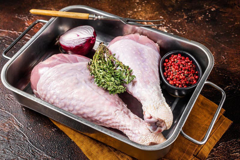 Raw Turkey Legs Drumsticks, Poultry Meat. Dark Background Stock Image ...