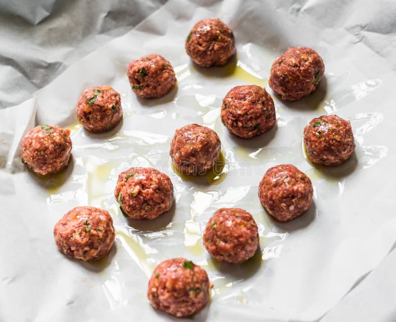 Raw Uncooked Meatballs on a Baking Sheet Stock Image - Image of mince ...