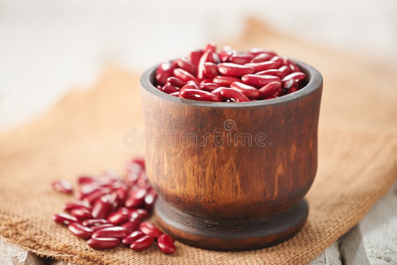 Raw Uncooked Red Beans in a Wooden Bowl. Front View from Low Angle ...