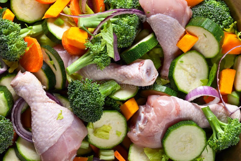 Raw Vegetables with Chicken Drumsticks, Top View Stock Photo - Image of ...