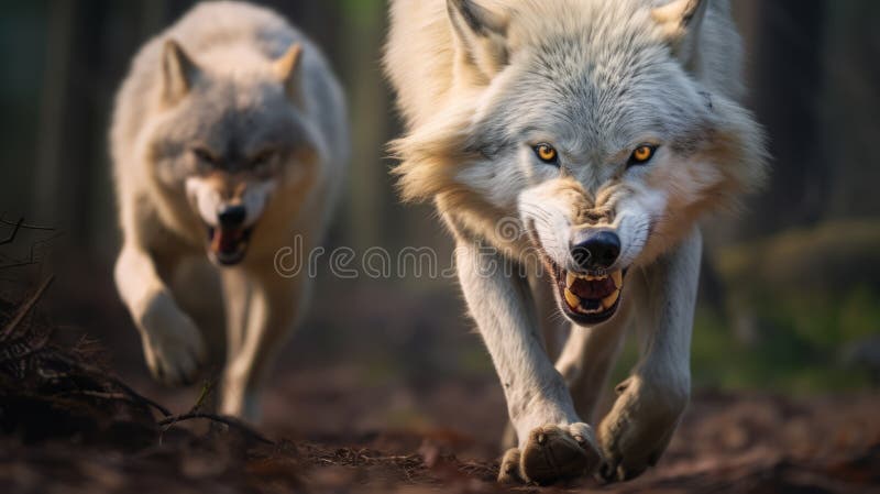 Raw Vulnerability: a Close-up of Two Wolves Running in the Forest Stock ...