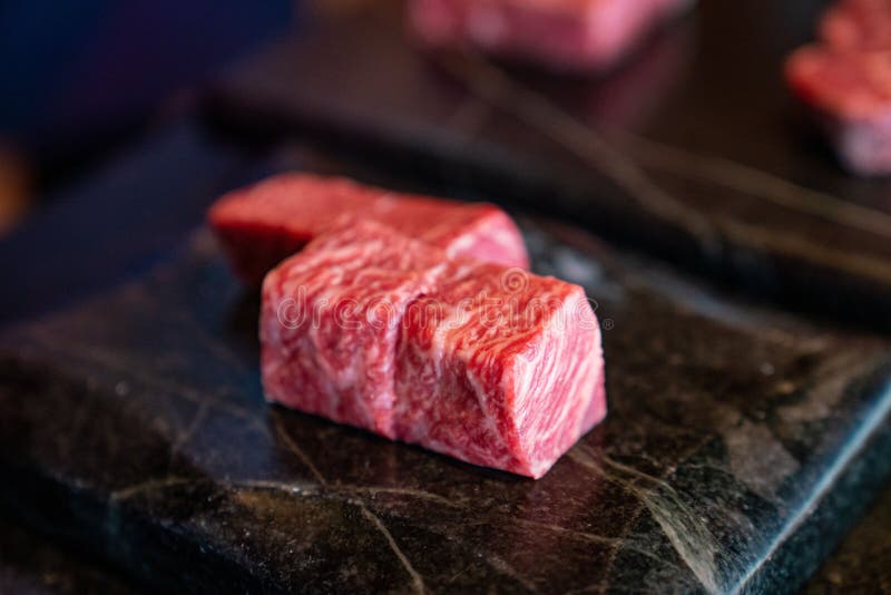 Raw Wagyu Steak on the Black Marble Plate Stock Image - Image of ...