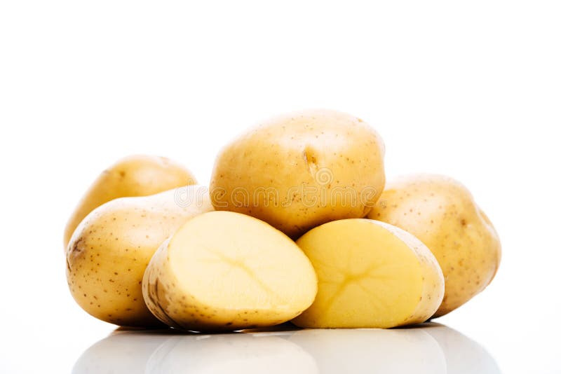 Raw Whole and Cut Fresh Potatoes Isolated on White. Stock Image - Image ...