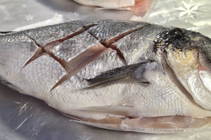 Raw Whole Fish with Cuts for Cooking Preparation on Silver Surface ...