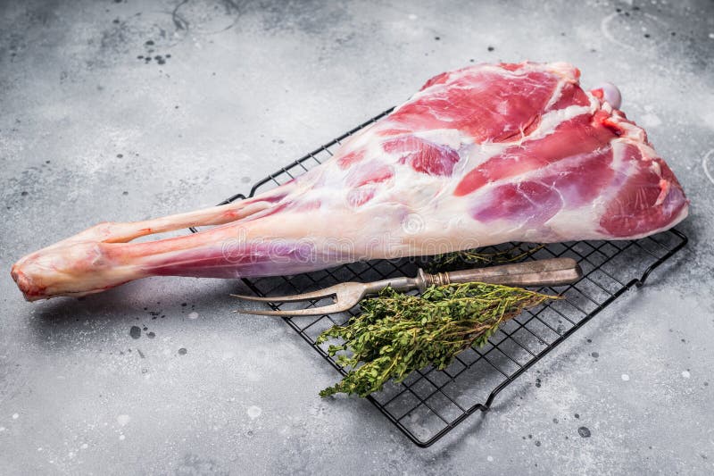Raw Whole Goat Leg, Fresh Meat. Grey Background Stock Photo - Image of ...