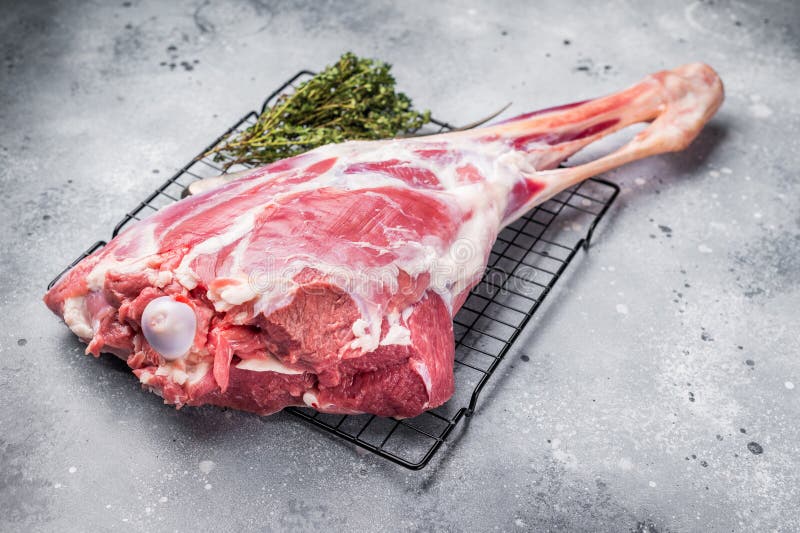 Raw Whole Lamb Leg, Fresh Mutton Meat. Grey Background Stock Image ...