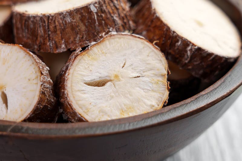 Yucca Cassava Sliced Root Close Up on Rustic Rough Burlap. Macro Stock ...