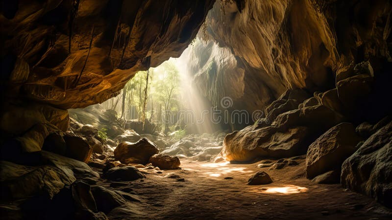 A Ray of Light at the End of the Cave Stock Illustration - Illustration ...