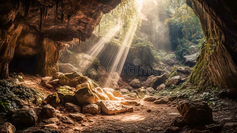 A Ray of Light at the End of the Cave Stock Illustration - Illustration ...