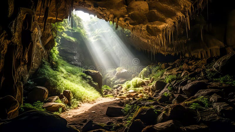 A Ray of Light at the End of the Cave Stock Illustration - Illustration ...