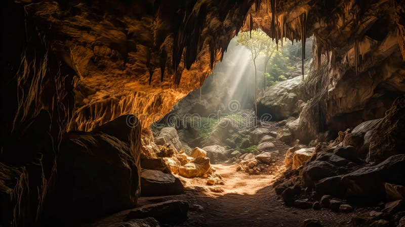 A Ray of Light at the End of the Cave Stock Illustration - Illustration ...