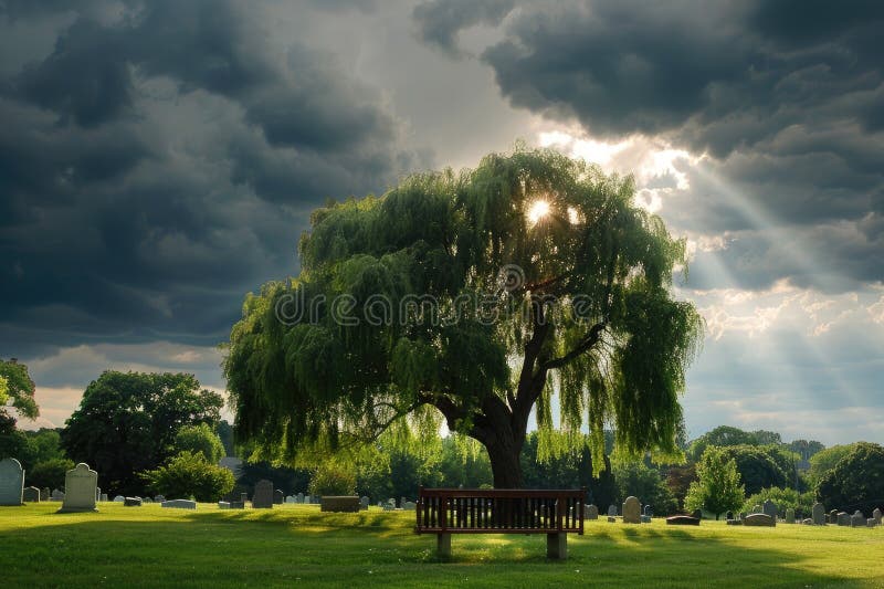 Ray of Sunlight on Lonely Bench in Cemetery Under Weeping Willow Tree ...