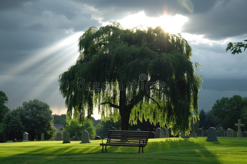 Ray of Sunlight on Lonely Bench in Cemetery Under Weeping Willow Tree ...