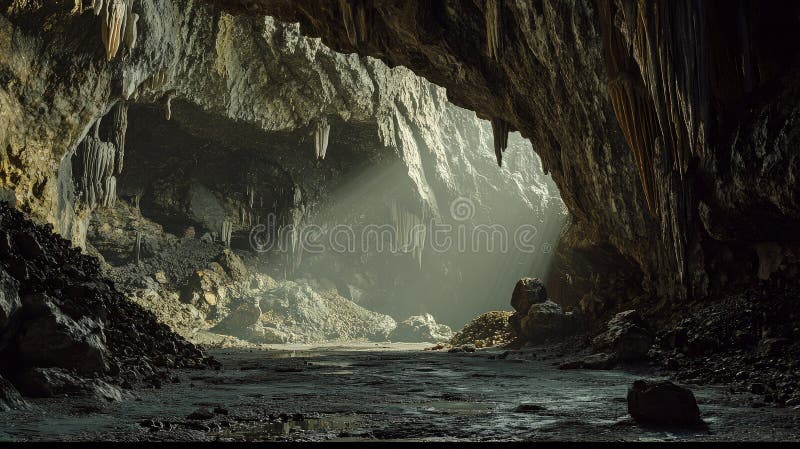 A Ray of Sunlight Shines through the Entrance of a Dark Cave Stock ...