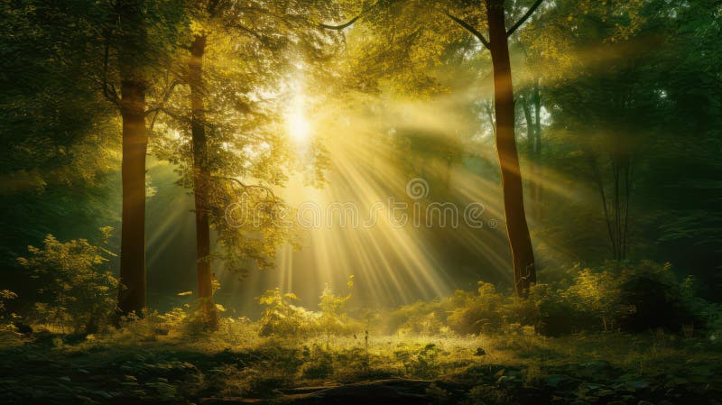 Rayos De Sol Finos Brillando En Medio De Un Bosque Caducifolio En ... Rayos De Sol Finos Brillando En Medio De Un Bosque Caducifolio En ...