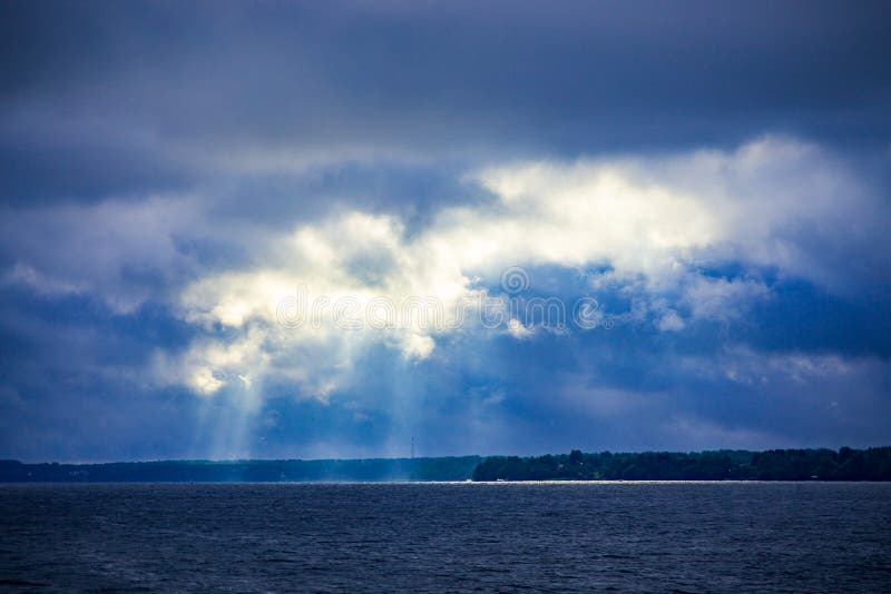 The Rays of God in the River Landscape. the Sun`s Rays Shine through ...