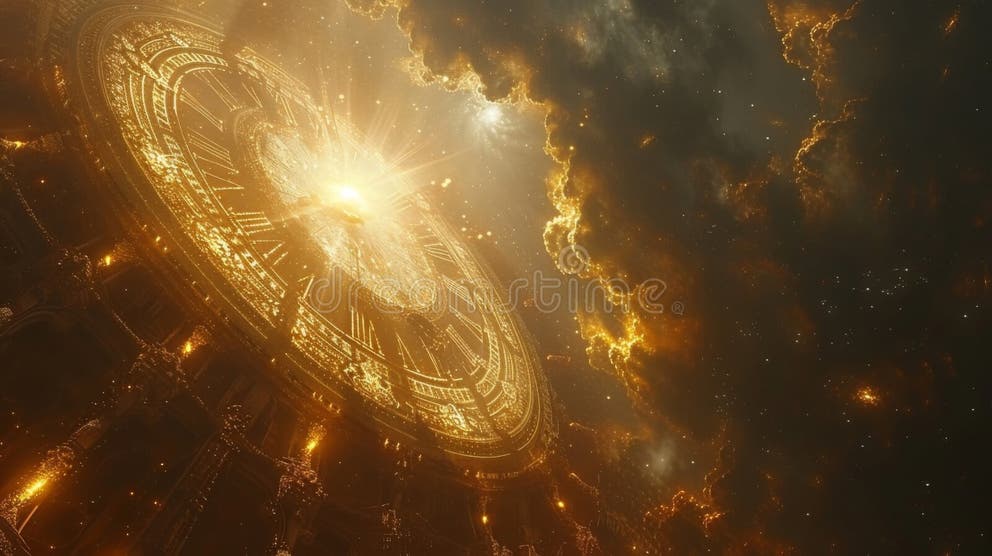 Rays of Golden Light Illuminating a Clocklike Structure Floating in a ...
