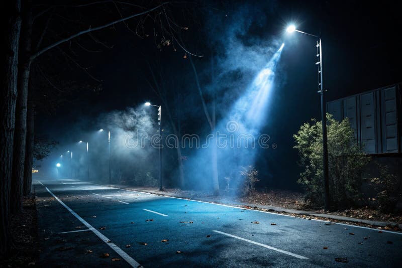 Rays and Spotlights with Blue Light on Dark Street Stock Illustration ...