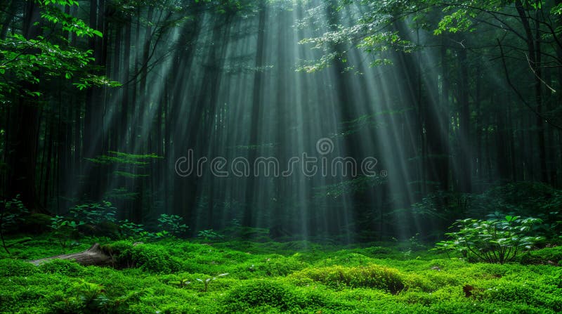 Rays of Light on a Clearing in an Enchanted Forest Stock Illustration ...