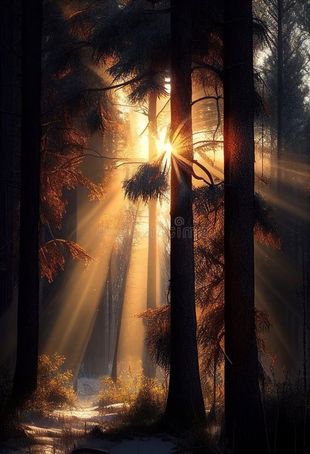 Rays of Light Shine through the Branches of Trees in the Forest. AI ...