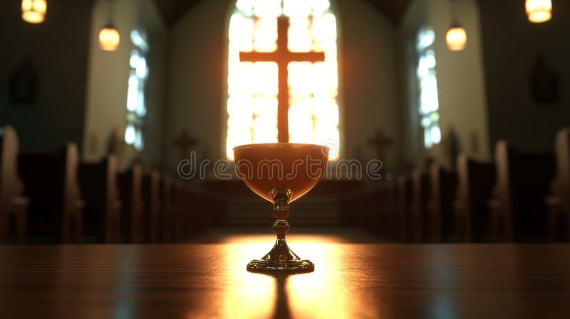Rays of Light Shine Down on a Chalice at the Altar As a Priest Performs ...