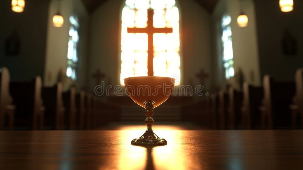 Rays of Light Shine Down on a Chalice at the Altar As a Priest Performs ...