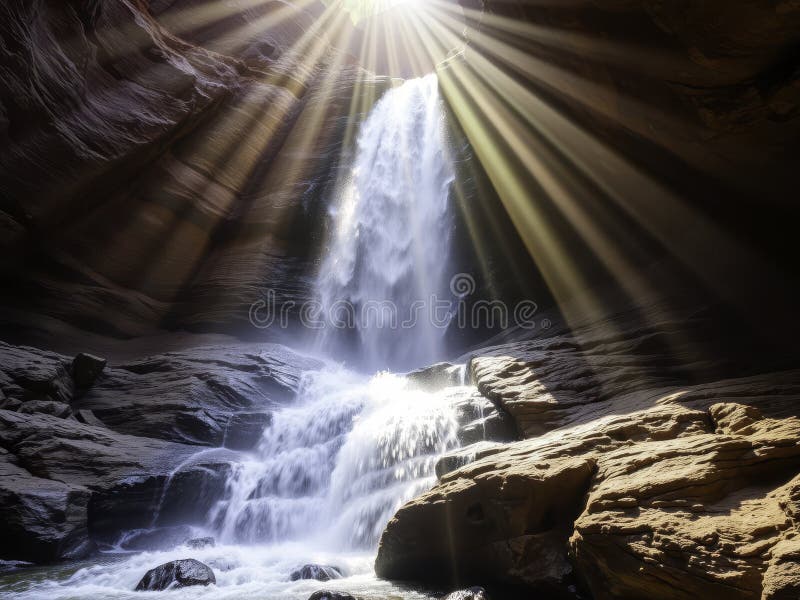 Waterfall with Rays of Light Sparkling Off the Flowing Water in a ...