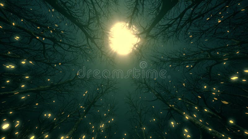 Rays of Moonlight Illuminate the Falling Leaves in the Autumn Forest ...