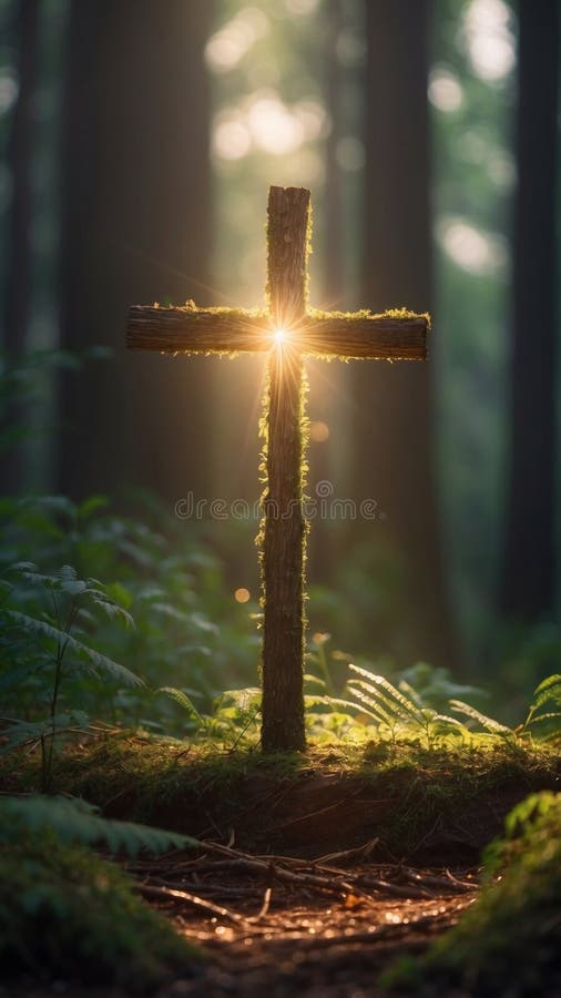 Rays of Morning Light Forming a Serene Cross in the Lush Forest. Stock ...