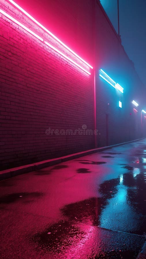 Rays Neon Light on Neon Brick Wall. Empty Scene. Neon Reflections on ...